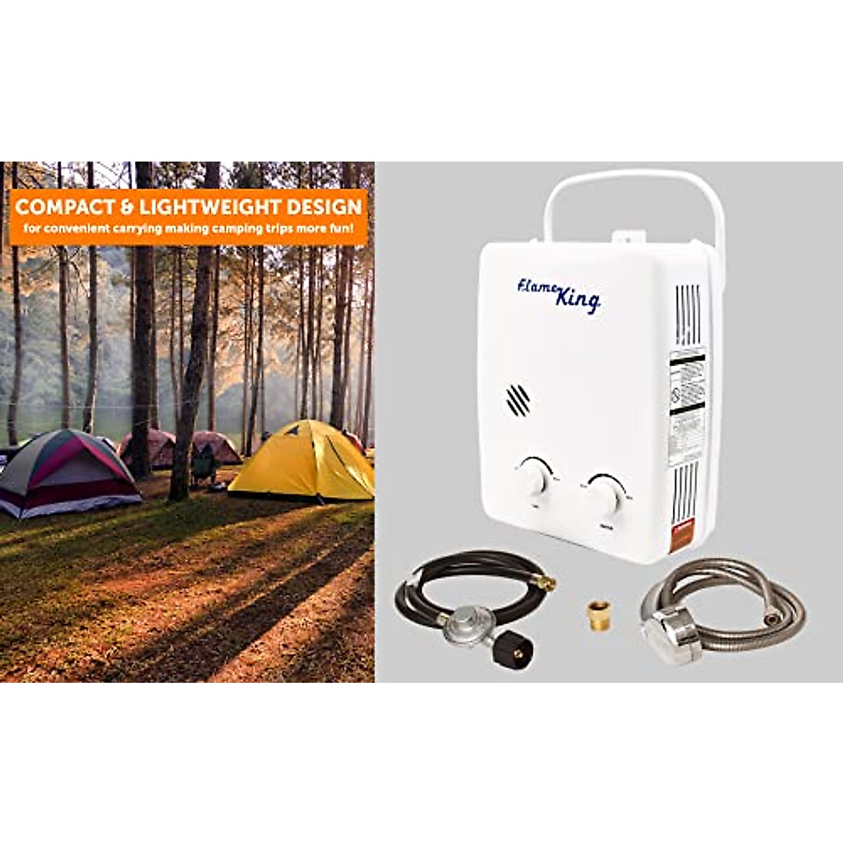 Flame King YSNAZ132 Portable Tankless Water Heater Propane Gas 5L 1.32GPM at 34,000 BTU, Outdoor Instant Hot Water Shower for RV, Camping, Farm, Cabins