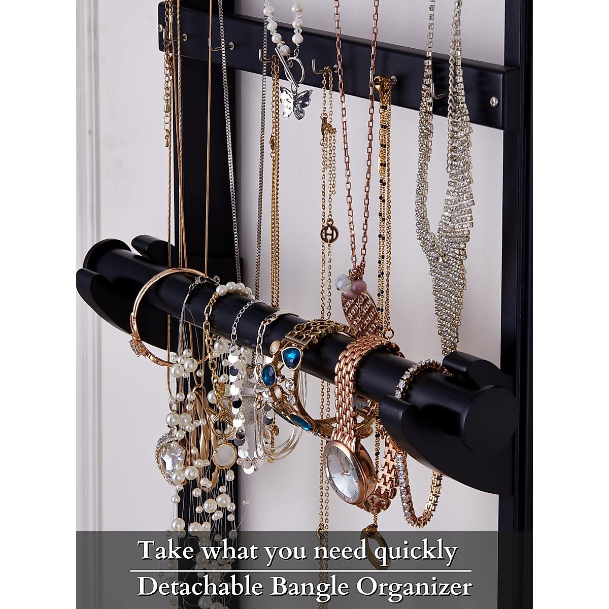 LUXFURNI Jewelry Organizer Holder Wall Mount Door Hanging Jewlery Storage, Display for Necklaces Bracelet Earrings Ring with wood tray(Black)