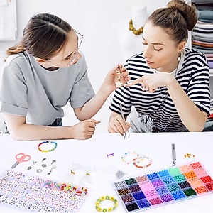 QUEFE Craft Beads Kit 6400pcs 4mm Glass Seed Beads and 960pcs Letter Beads for Friendship Bracelets Jewelry Making Necklaces and Key Chains with 2 Rolls of Crystal String, DIY Art Craft Gifts