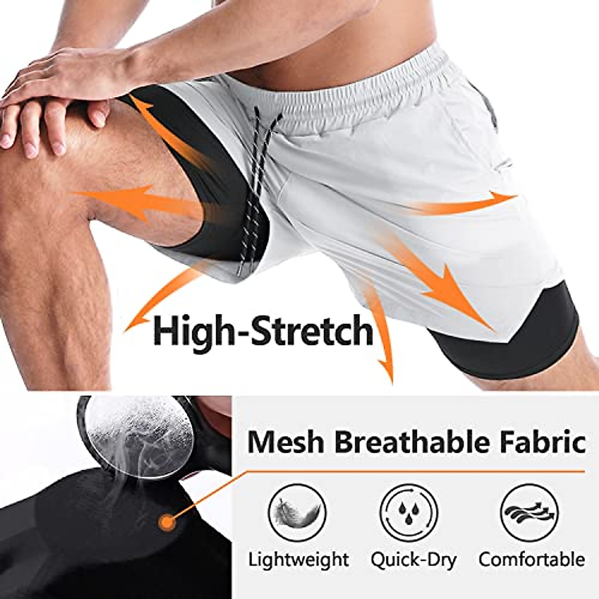 Aolesy Men’s 2 in 1 Running Shorts 5 Inch Workout Gym Athletic Shorts for Men Quick Dry Lightweight Training Shorts with Pockets White