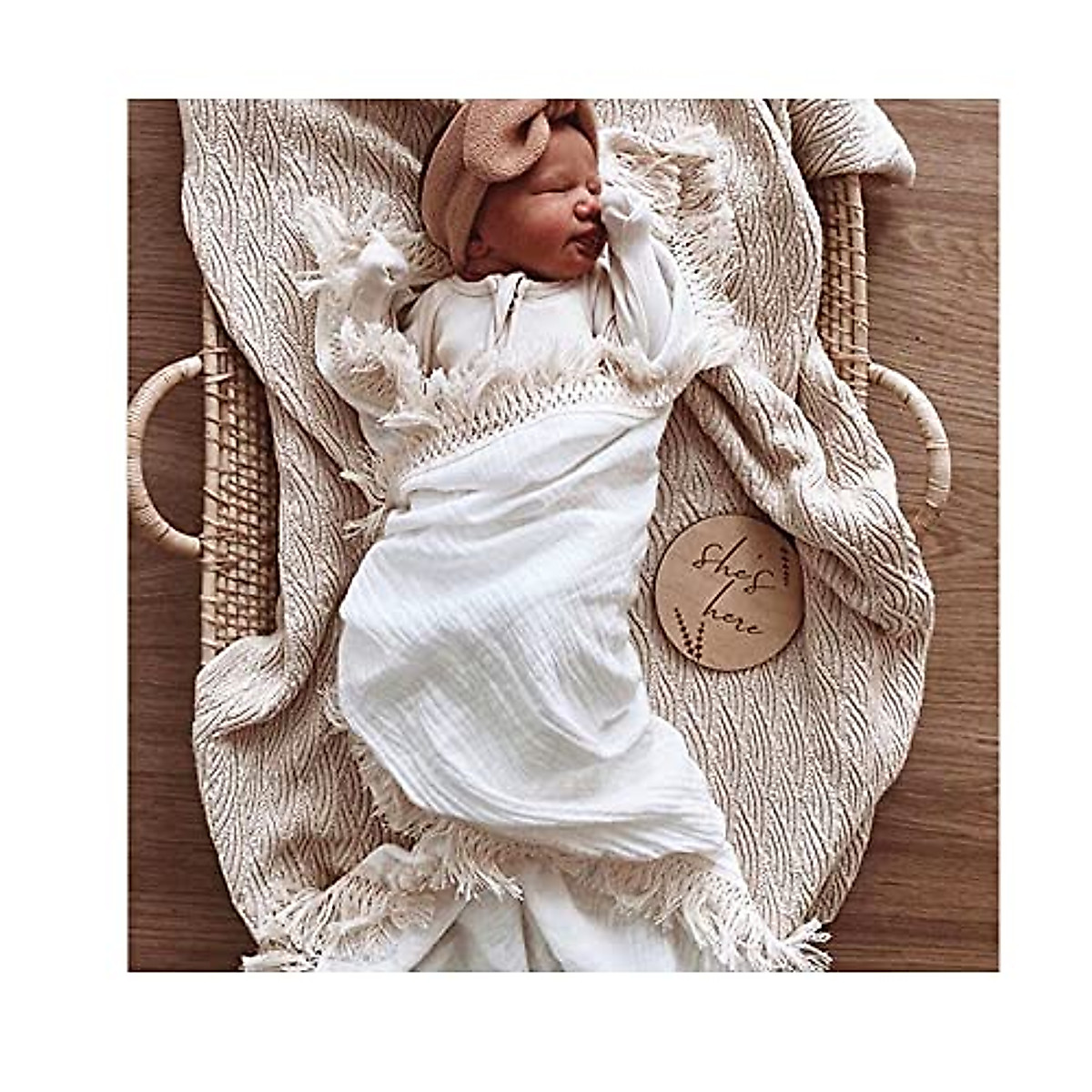 CHUNGEL Cotton Muslin Baby Blanket with Tassel，Large 47" x 47" Baby Receiving Blanket with Fringe, Boho Muslin Swaddle Blanket with Fringe, Nursery Decor Throw or Nursing Fringed Blankets (White)