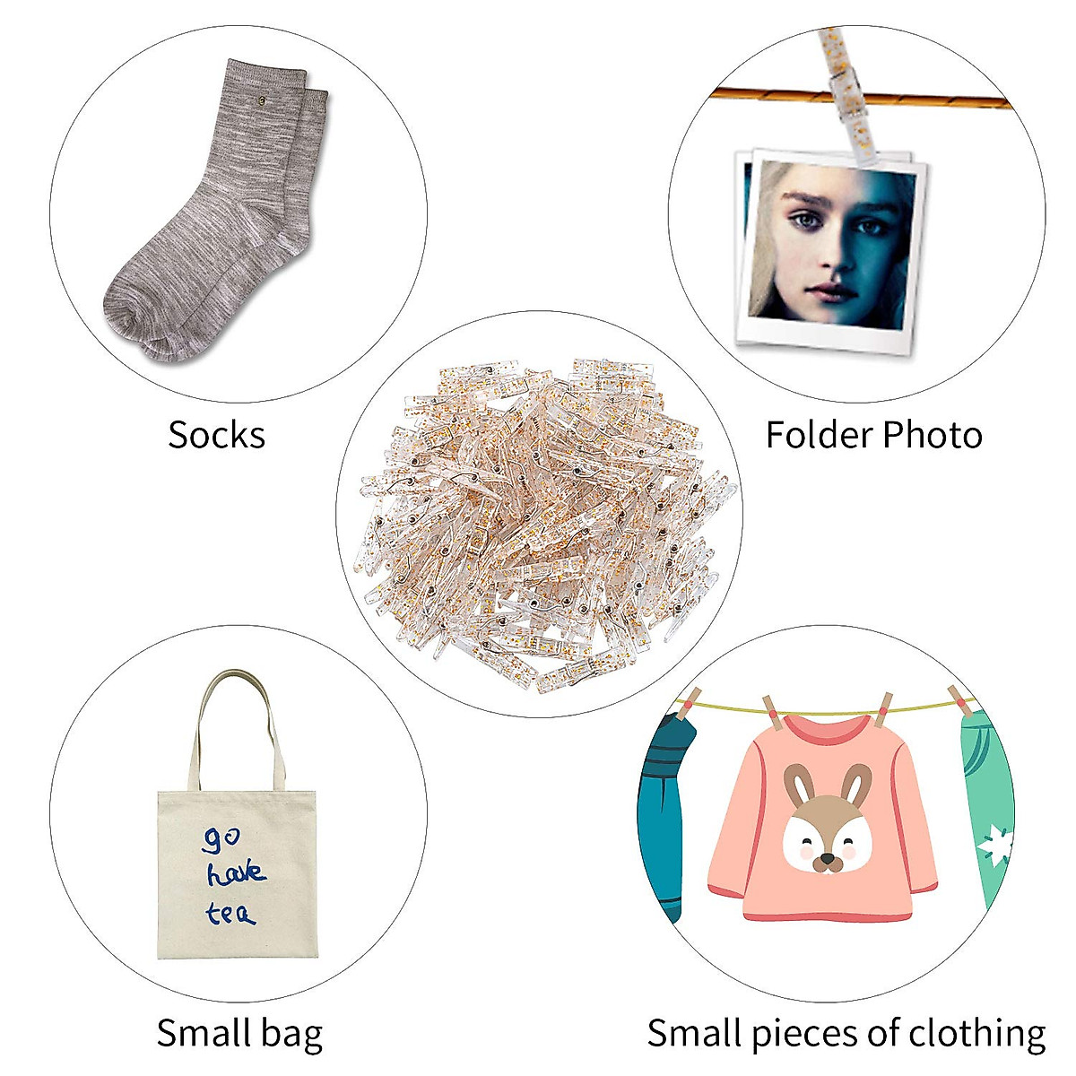 100 Pieces Clear Plastic Utility Paper Clip, Photo Paper Peg Pin, Clothes Line Clips, Craft Clips, 3.5 x 0.5cm x 0.7cm (Gold Glittered)