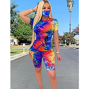 Alunzoem Biker Shorts Sets for Women, Track Suits Outfits Tie Dye Short Sleeve Shirt and Shorts Set Blue-Orange M