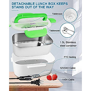 AUTOPkio Electric Lunch Box for Car and Home, 12V 24V 110V Lunchbox Food Heater with 1.5L Removable Stainless Steel Container for Work Office Truck Driver (Green)