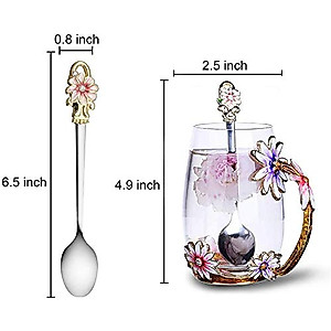 Luka Tech Enamel flower Lead-free Glass Coffee Mugs Tea Cup with Steel Spoon, Best Birthday Gifts For Women Wife Mom Friends Mothers Valentines Day Christmas (Purple-Tall)