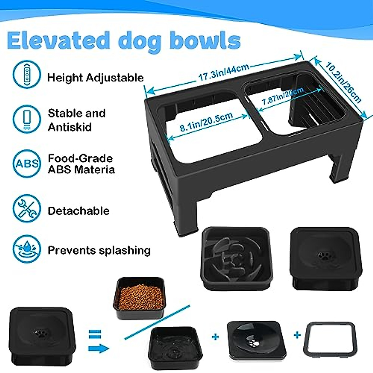 ikuso 2-in-1 Elevated Slow Feeder Dog Bowls 4 Height Adjustable Raised Dog Bowls with No Spill Water Bowl and Non-Skid Silicone Mat Non-Toxic Slow,Mess Proof,Non-Tip，Protect Dog Spine