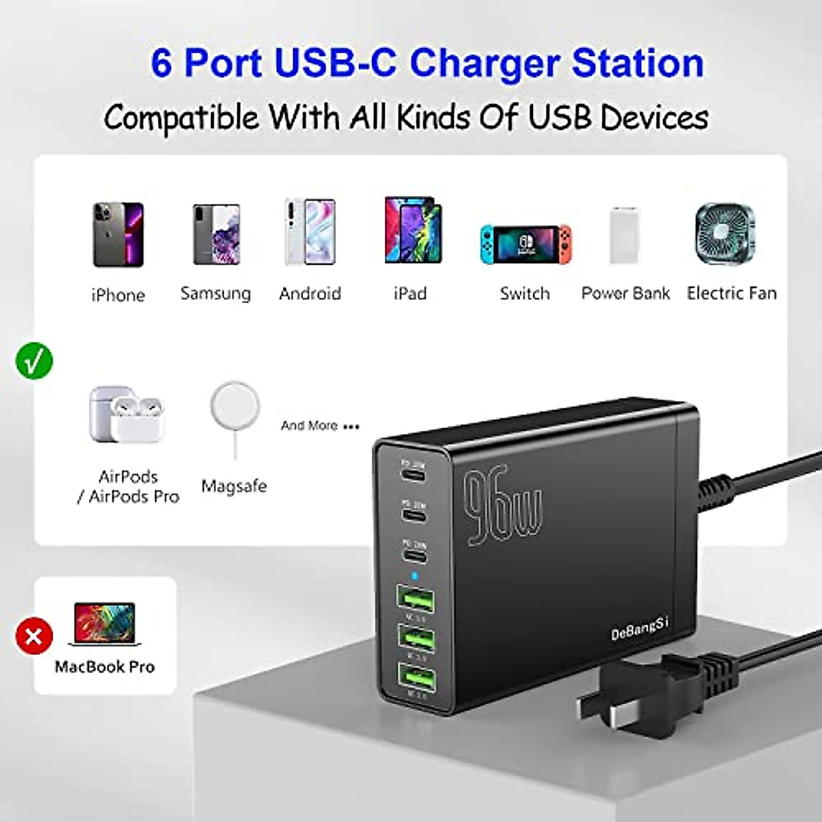 Multi USB Charger Station, 96W GaN Compact 6 Port USB C Fast Charging Station, Portable USB C Wall Charger Adapter 3 USB C + 3 QC USB A for All iPad iPhone 14 13 12 11 Pro Max Pixel Samsung and More