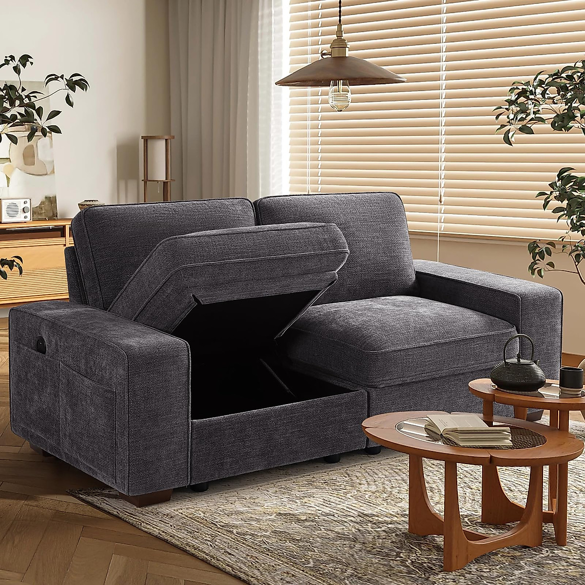 COCOLHOME 72" Comfy Sofa Couch with Storage, Modern Sofa Loveseat 2-Seater Sofa, Sectional Sofa Couches for Living Room, Apartment Small Space, Side Pocket Washable Cushion Cover, Grey Chenille