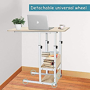 Retyion Movable Computer Desk with Wheels Height Adjustable C Shaped Laptop Table with Storage Shelves for Sofa Couch Home Office