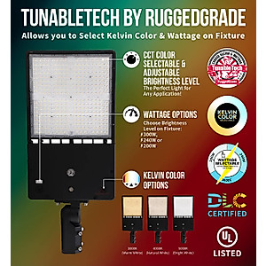 RuggedGrade 300W - Revati II Series LED Parking Lot Light with Photocell - 43,200 Lumen - Color Selectable 3K/4K/5K - Arm Mount - Black