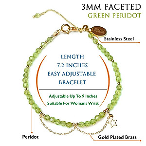 Morchic 3mm Green Peridot Gemstone Faceted Beads Womens Strand Bracelet, Easy Adjustable 7-9 Inch Birthday Gift