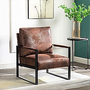 Container Furniture Direct Classic Mid Century Modern Accent Chair with Durable Square Metal Frame, Armchair for Living Room, Bedroom, Home Office in Spotted Microfiber Upholstery, Brown