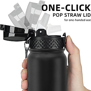 Fanhaw 20 Oz Insulated Stainless Steel Water Bottle with Straw Lid - Leak & Sweat Proof with Anti-Dust Lid (Black)