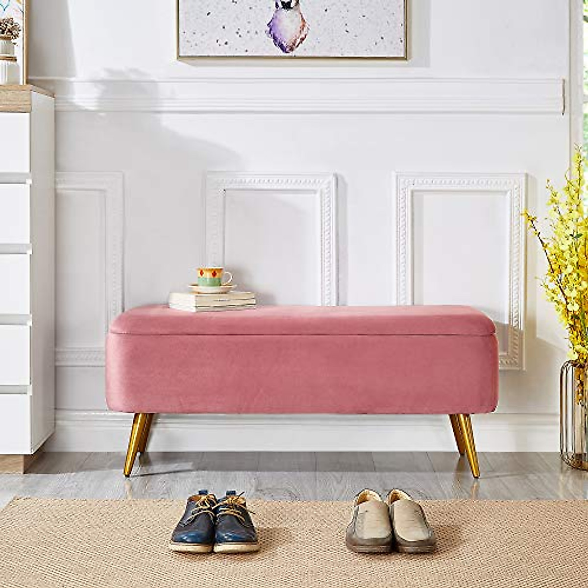 Ball & Cast Upholstered Velvet Storage Bench 44"W x 16"D x 18"H Rose,Golden Powder Coating Legs Set of 1
