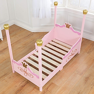 KidKraft Wooden Princess Toddler Four-Poster Bed with Crown Accents, Children's Furniture - Pink, Gift for Ages 15 mo+