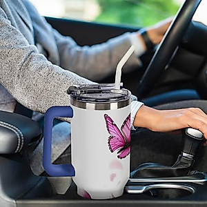 Magnolia Plant Flora Butterfly 40 Oz Stainless Steel Cup Travel Tumbler with Handle and Straw Lightweight Coffee Mug for Home Office