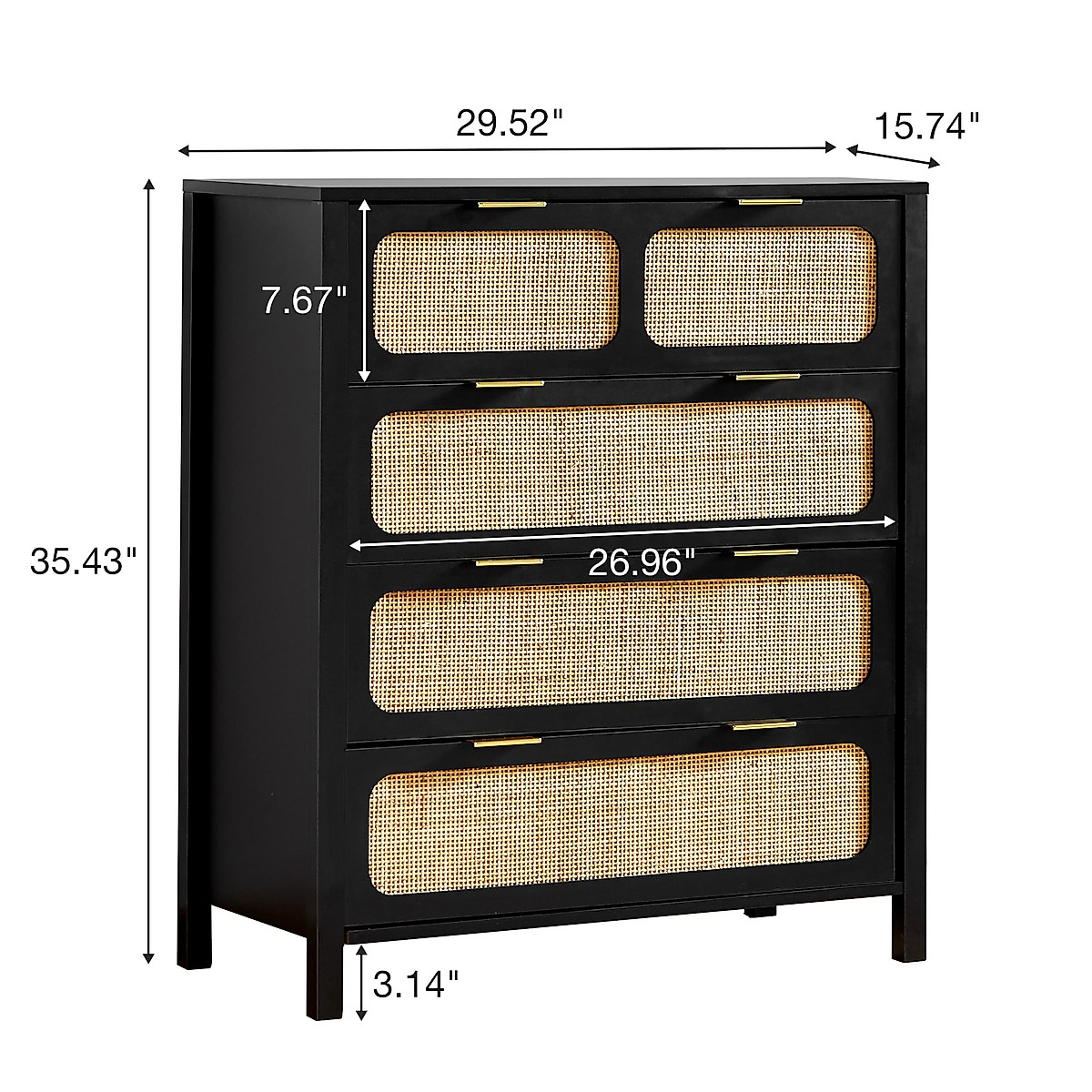 QEIUZON 4 Drawer Dresser, Modern Rattan Dresser Chest with Wide Drawers and Metal Handles, Farmhouse Wood Storage Chest of Drawers for Bedroom, Living Room, Hallway, Entryway (Black-4 Drawers-2 Packs)