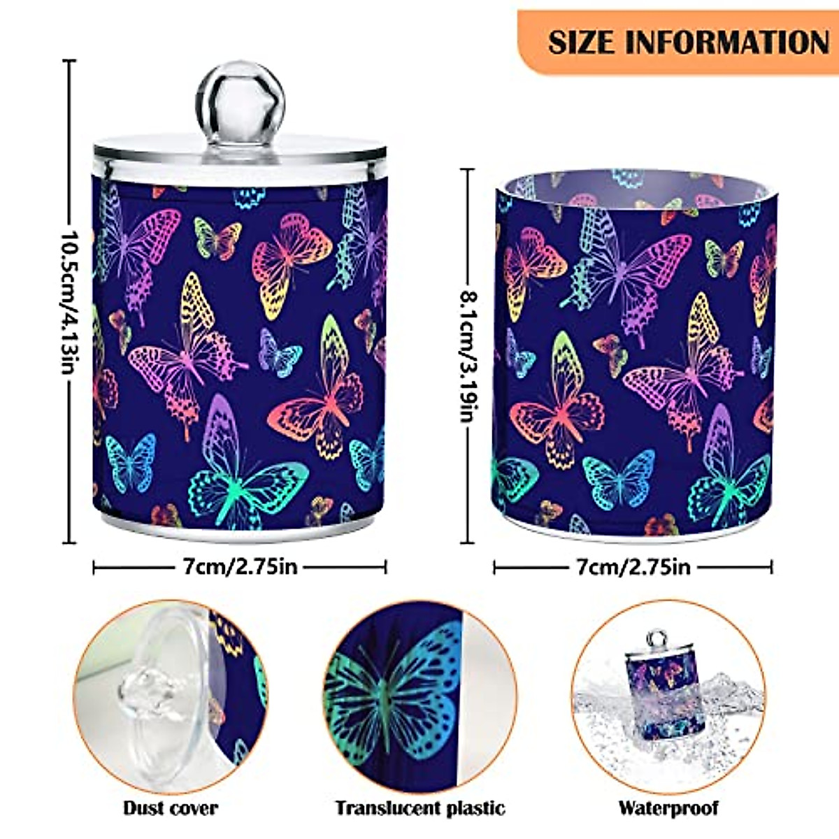 MNSRUU 2 Pack Qtip Holder Organizer Dispenser Purple Colorful Butterflies Bathroom Storage Canister Cotton Ball Holder Bathroom Containers for Cotton Swabs/Pads/Floss