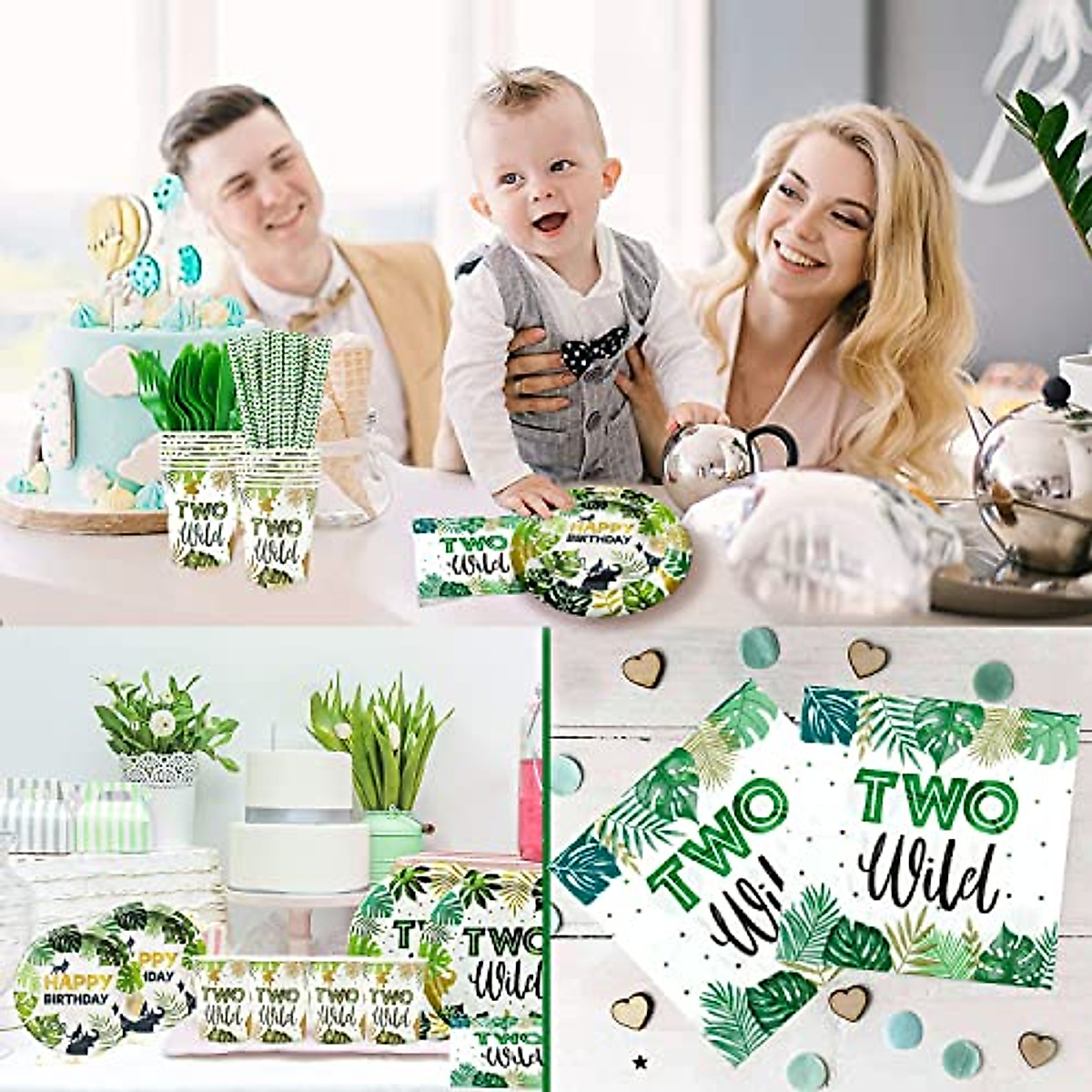 NAIWOXI Two Wild Birthday Decorations Tableware - Safari Birthday Decorations Include Plates, Cups, Napkins, Cutlery, Tablecloth, Straws, Animal Jungle Theme Party Supplies for Boy Girl 2nd Birthday
