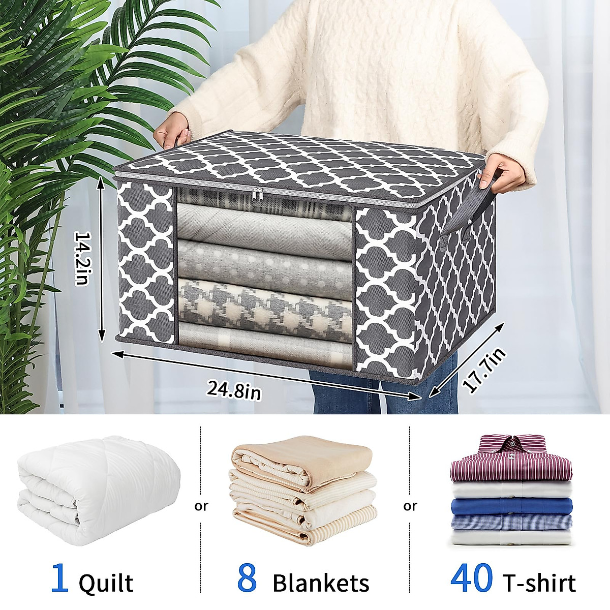 Fixwal Clothes Storage 3 Pack 100L Storage Containers Foldable Blanket Storage Bags for Organizing Clothing Bedroom Comforter Closet Dorm Sweater Quilts Organizer Grey