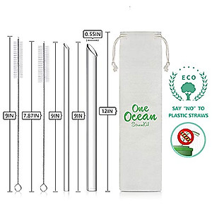 Reusable Glass Straws: 2 Regular Straws + 2 Boba Straws + 2 Wheat Cases + 4 Cleaning Brushes + Pouch, for Hot and Cold Drinks, Portable for Personal Use, Smoothie Bubble Tea, 9 inches (Blue&Green)