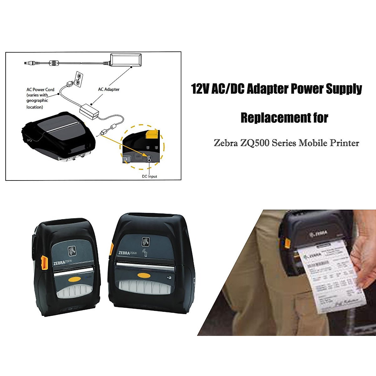 Original CWT 12V UL AC/DC Adapter Compatible with Zebra ZQ500 ZQ510 ZQ520 ZQ521 ZQ 500 510 Printer ZQ52-AUE0000-00 ZQ52-AUE0010-00 FSP FSP050-DBCD1 P1026943-2 9NA0501609 12VDC 4A 4.16A 48W 50W Power