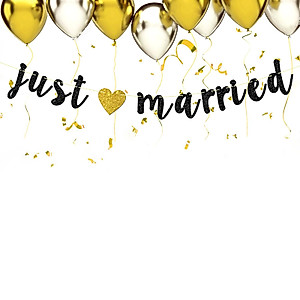 Black Glitter Just Married Banner - Just Married Sign - Wedding Banner - Bridal Shower / Bachelorette Party Decoration Supplies