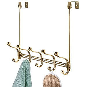 mDesign Decorative Closet Over Door or Wall Mount 10 Hook Metal Storage Organizer Rack for Coats, Hoodies, Hats, Scarves, Purses, Leashes, Bath Towels, Robes - Hyde Collection - Soft Brass