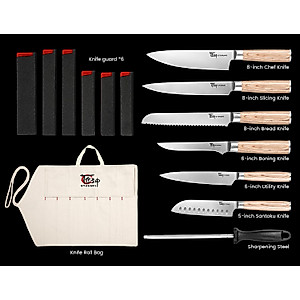 SYOKAMI Chef Knife Set, 14pcs Japanese Kitchen Knife Set with Roll Bag, Pakkawood Handle, High Carbon Stainless Steel Professional Kitchen Knives for Camp Travel Outdoor