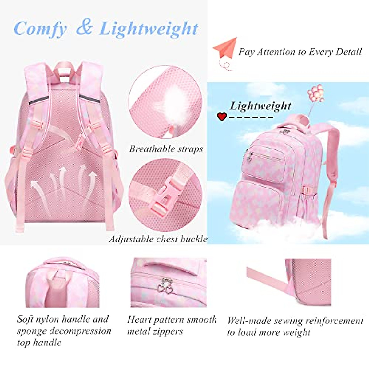 3Pcs Gradient Girls Backpacks Bookbags Set for School with Matching Insulated Lunchbox and Pencil Case