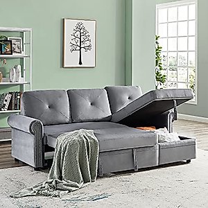 RUNWON 83" Sleeper Sofa Bed Convertible Sectional, 3-Seater L-Shape Corner Couch with Storage Chaise for Living Room Apartment, Gray
