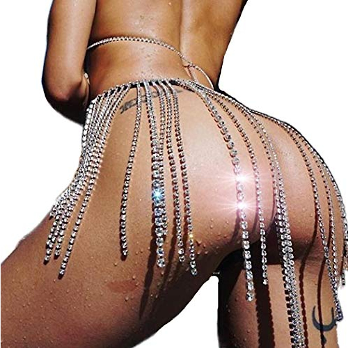 Jemiwa Rhinestone Fringe Belt Skirt Sliver Sparkly Tassel Body Chain Wrap Skirts Crystal Belly Dance Hip Scarf Rave Belts Outfit for Women (Silver)