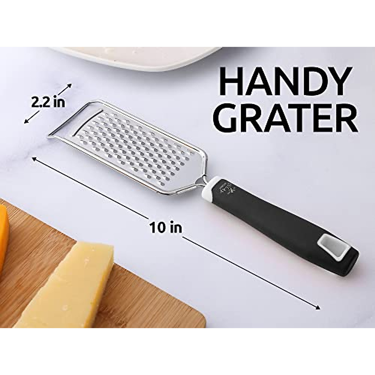 Zulay Kitchen Professional Cheese Grater Stainless Steel - Durable Rust-Proof Metal Lemon Zester Grater With Handle - Flat Handheld Grater For Cheese, Chocolate, Spices, And More - Black