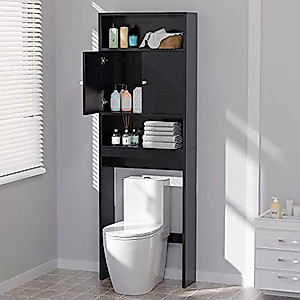 Aracari 77" Over The Toilet Storage Cabinet, Double Door Over Toilet Bathroom Organizer Toilet Cabinet with Open Shelves, Black