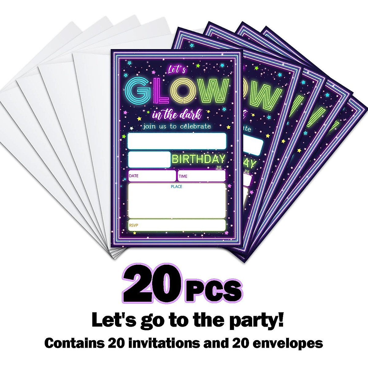 Glow Birthday Party Invitations, Glow in The Dark Birthday Party Invitation for Girls Boys Kids, Neon Glow Birthday Invitations, Glow Birthday Invites (20 Sets 4" x 6" Cards with Envelopes) - JY516
