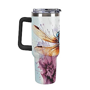 40 Oz Vacuum Tumbler with Black Handle Leakproof Insulated Tumbler Dragonfly Watercolor Painting Stainless Steel Travel Mug with Lid And Straw Coffee Cup Cute Water Bottles Cup Holder Friendly