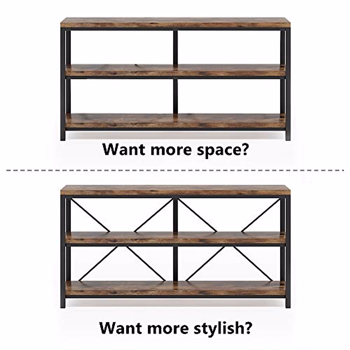 Tribesigns 55 Inches Long Sofa Table with Storage Shelves, 3 Tiers Industrial Rustic Console Table with Open Shelves, Three Decorative Shelf, Open TV Shelf for Living Room, Hallway, Book