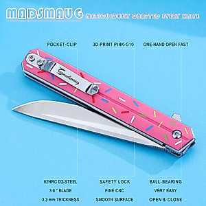 MADSMAUG Pocket Knife, 3.5" D2 Steel Folding Knife with Ball Bearing & G10 Handle, Cool EDC knife For Women Outdoor Survival Camping Great festival Christmas Gift