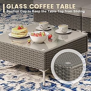 VICLLAX 5 Pieces Wicker Patio Furniture Set, Outdoor Conversation Set Sectional Sofa with Cushion & Glass-Top Coffee Table for Garden, Poolside, Backyard, Grey PE Rattan