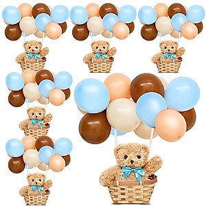 Hollowfly 6 Sets Bear Baby Shower Decoration Baby Shower Birthday Party Table Decor Include 6 Stuffed Plush Bears 6 Bamboo Baskets 60 Colorful Balloons 12 Balloon Stands 100 Adhesive Dots (Blue)