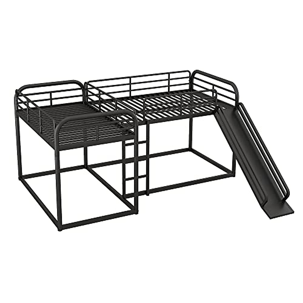 Goohome Full and Twin Size L-Shaped Bunk Bed with Slide and Short Ladder, Metal Bunk Bed Bedroom Furniture w/Safety Guardrail, Accommodate 4 People, for Kids, Teens, Adults, No Box Spring Needed
