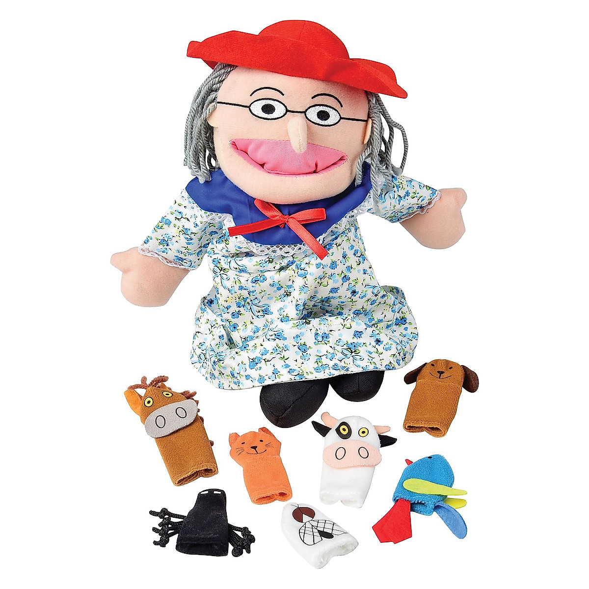 Constructive Playthings Plush "Old Lady" Doll and Animal Finger Puppet Props Set for "There Was An Old Lady Who Live Swallowed a Fly" Children's Book, For Kids Ages 3+