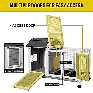 Ketive Rabbit Hutch Indoor- Rabbit cage Outdoor Bunny Hutch Outdoor Bunny Cage Fir Wooden Rabbit cage on 4 Lockabl Wheels Guinea Pig Cages with Ramp Small Animals Hideout Deep No Leak Pull Out Tray