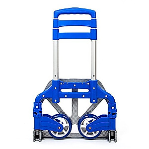 Folding Hand Truck and Dolly Heavy Duty 165lbs Capacity Stair Climbing Cart Portable Aluminum Alloy Hand Cart Ideal for Home, Auto, Office,Travel Use (2 Wheels and Bungee Cord) (Blue)