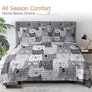 BlessLiving Cat Quilt Set Gray Queen(90"x90"), 3 Pieces(1 Cartoon Cat Pattern Quilt and 2 Pillowcases), 3D Kawaii Cats Bedspread Microfiber Coverlet Sets All-Season for Teens Boys Adults Women