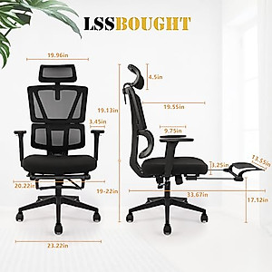 LSSBOUGHT Ergonomic Mesh Office Chair with Lumbar Support Adjustable Footrest Headrest, Mid Back Executive Swivel Desk Chair with Armrest for Home Office Work, Black