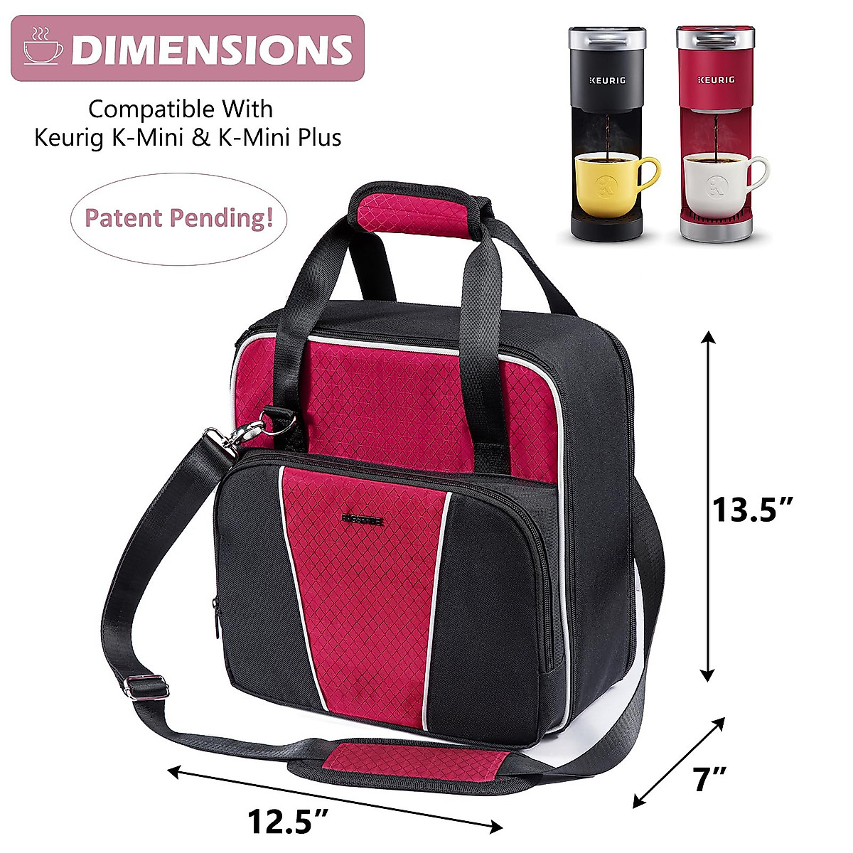 BAGSPRITE Coffee Maker Travel Bag Compatible with Keurig K-Mini or K-Mini Plus, Single Serve Coffee Brewer Carrying Case with Multiple Pockets for K-Cup Pods, Storage Bag With Shoulder Strap