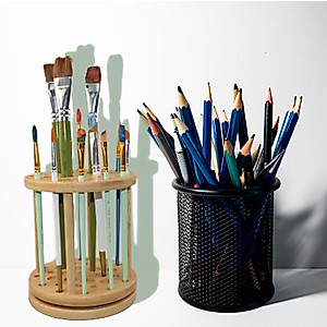 Yeeyeah 360 Rotating Paint Brush Holder Bamboo Paint Brush Tray Holder Rack-Large Capacity Watercolor Paint Brush Holder Display Stand and Organizer for Desk, Arts and Crafts