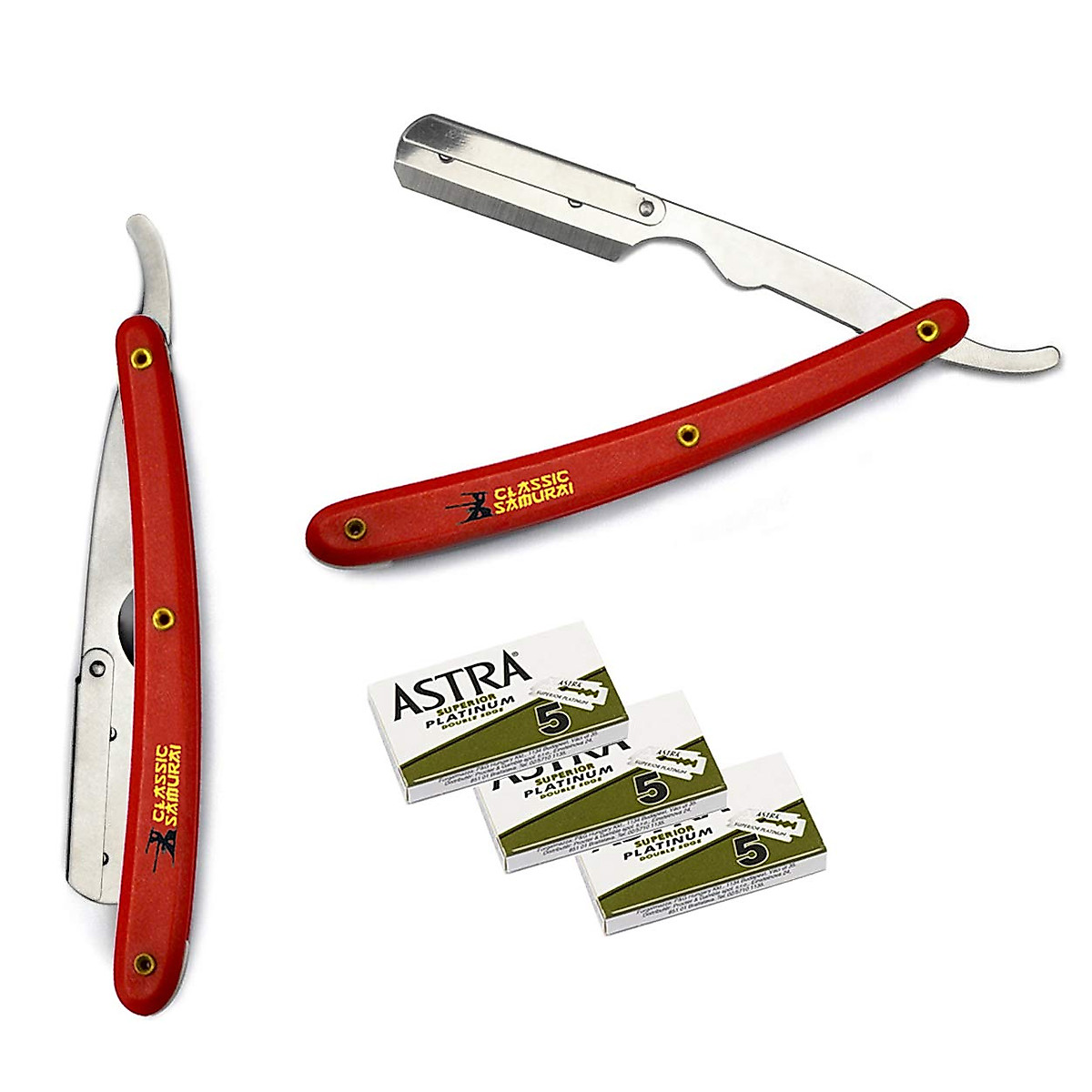 Classic Samurai CS-101 Red Stainless Steel Professional Barber Straight Edge Razor with 15 Astra Double Edge Razor Blades