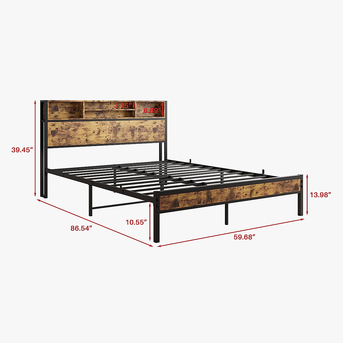 MegaChunk Queen Bed Frame with Storage Headboard, Metal Platform Bed with Charging Station, Bookcase Storage, No Box Spring Needed, Easy Assembly, Noise-Free, Black